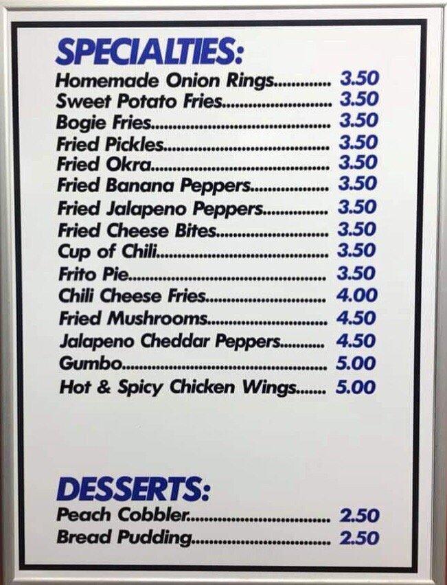 Menu at Bogie's BBQ, Columbia