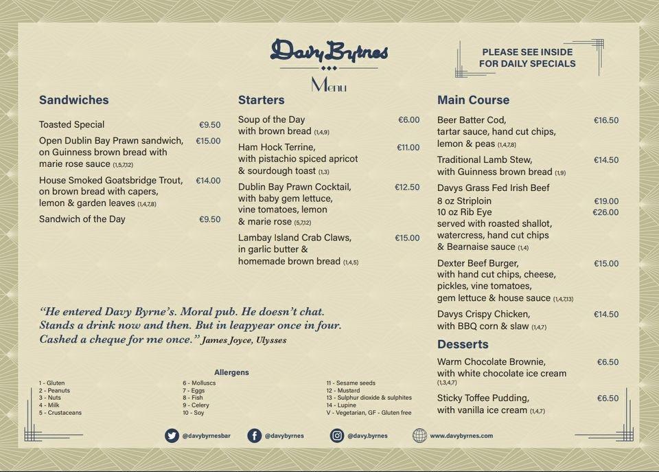 Menu at Davy Byrnes pub & bar, Dublin