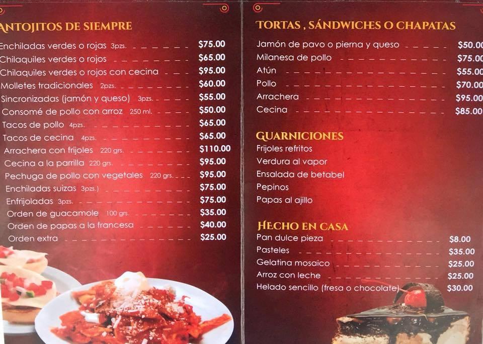 Carta de Gran cafe el colonial, Tehuacán