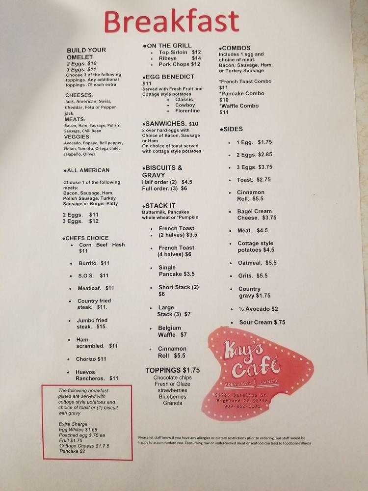 Menu at Kay's Cafe, Highland