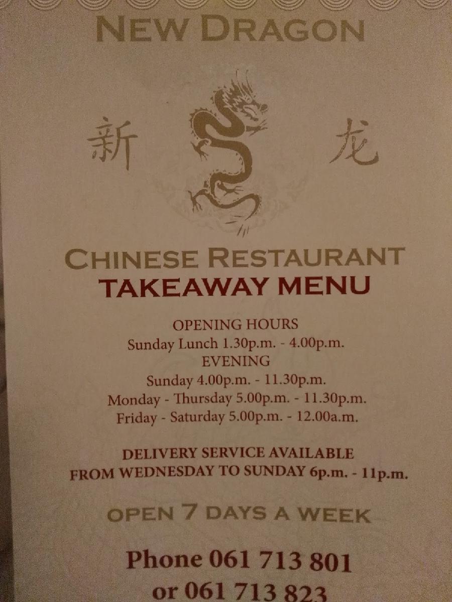 Menu at New Dragon restaurant, Ireland