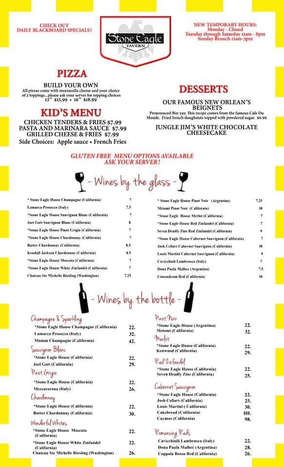 Menu at Stone Eagle Tavern pizzeria, Rockford