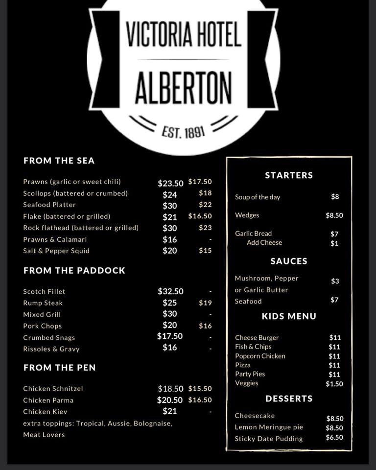 Menu at Victoria Hotel Alberton pub & bar, Alberton, 53 Turnbull St