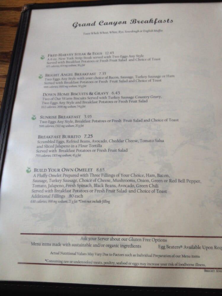 Menu at Bright Angel Restaurant, Grand Canyon Village