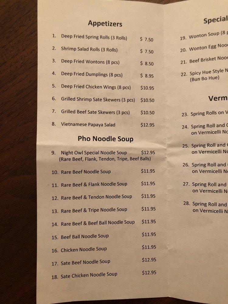Menu at Night Owl Vietnamese Cuisine restaurant, Calgary