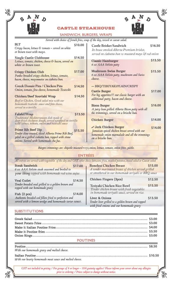 Menu at Sand Castle Steakhouse, Sylvan Lake