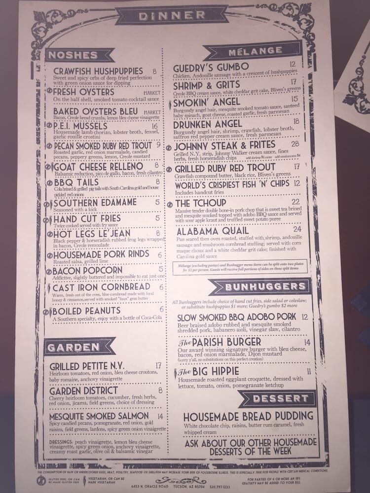 Menu at The Parish restaurant, Tucson