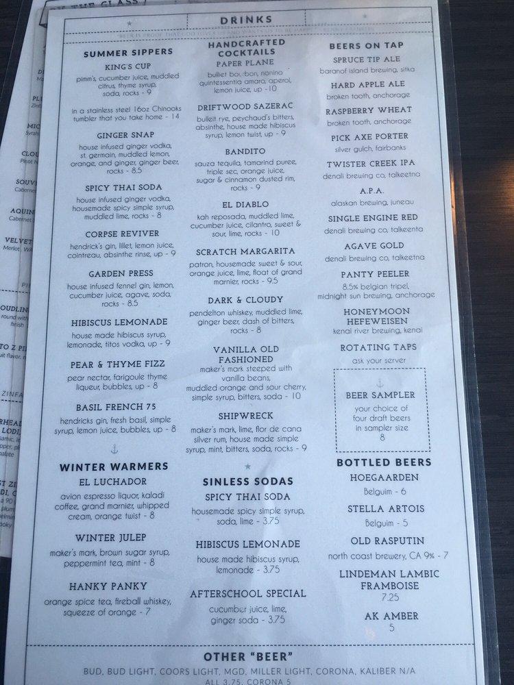 Menu at Chinooks Restaurant, Seward