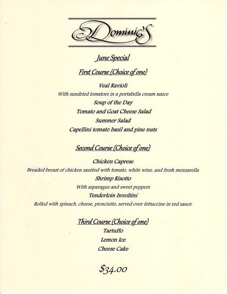 Menu at Dominic's restaurant, St. Louis