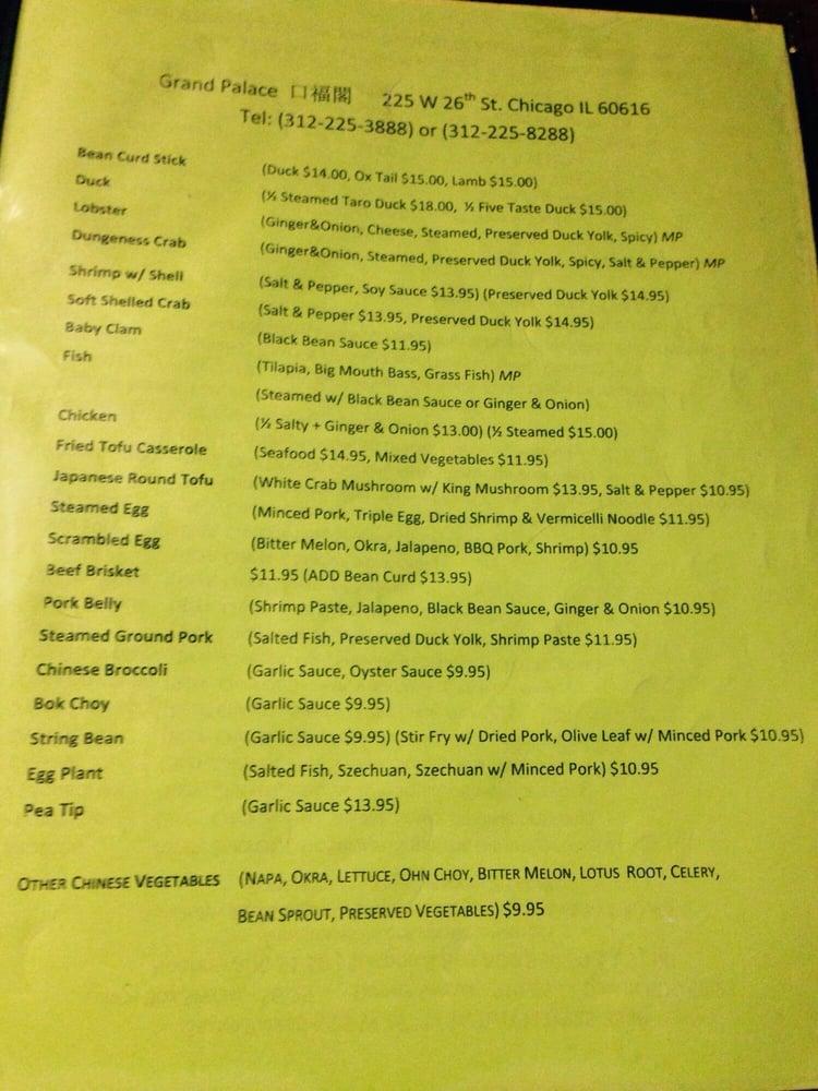 Menu at Grand Palace restaurant, Chicago