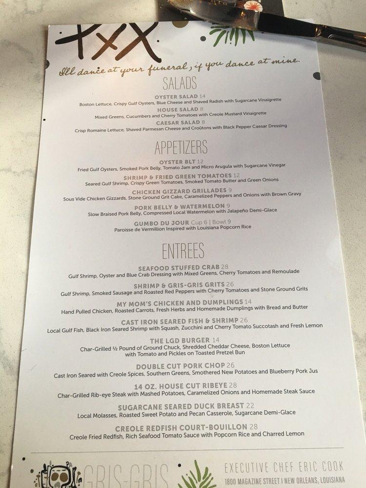 Menu at Gris-Gris restaurant, New Orleans