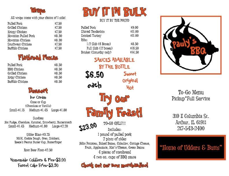 Menu at Pauly's BBQ, Arthur