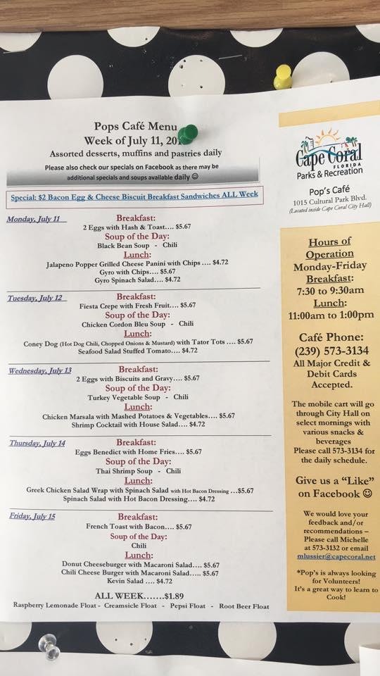 Menu at Pops Cafe, Cape Coral