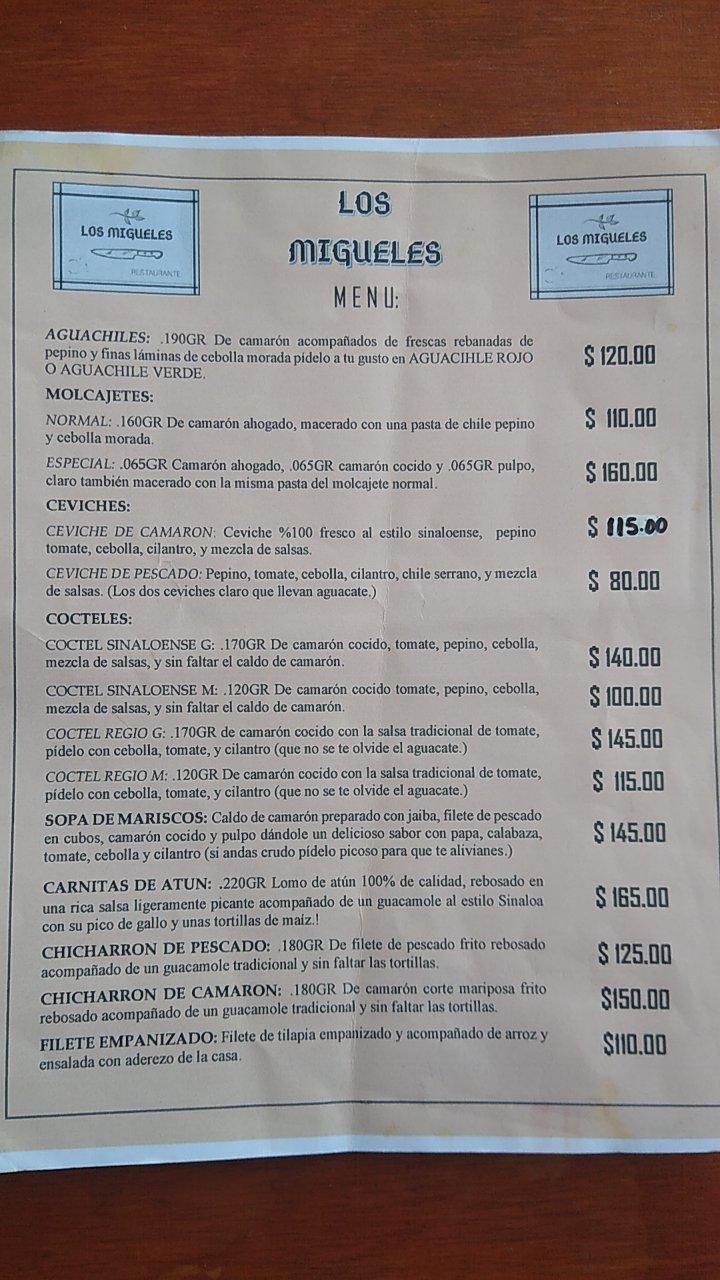 Carta de Restaurante Los Migueles, Jaumave