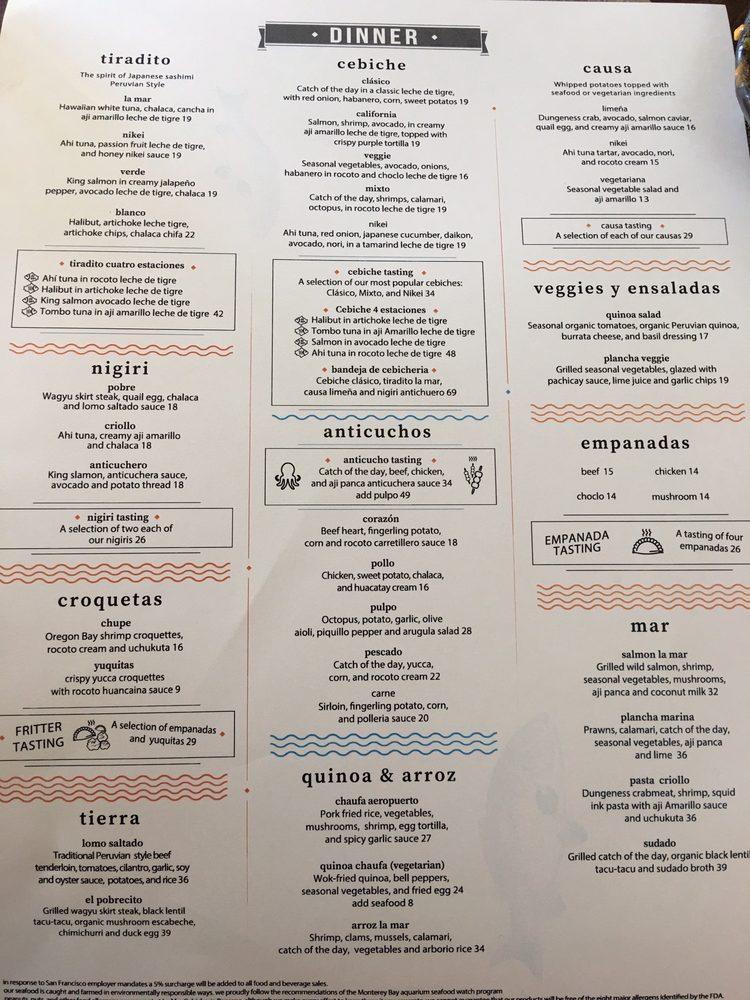 Menu at La Mar Cocina Peruana restaurant, San Francisco