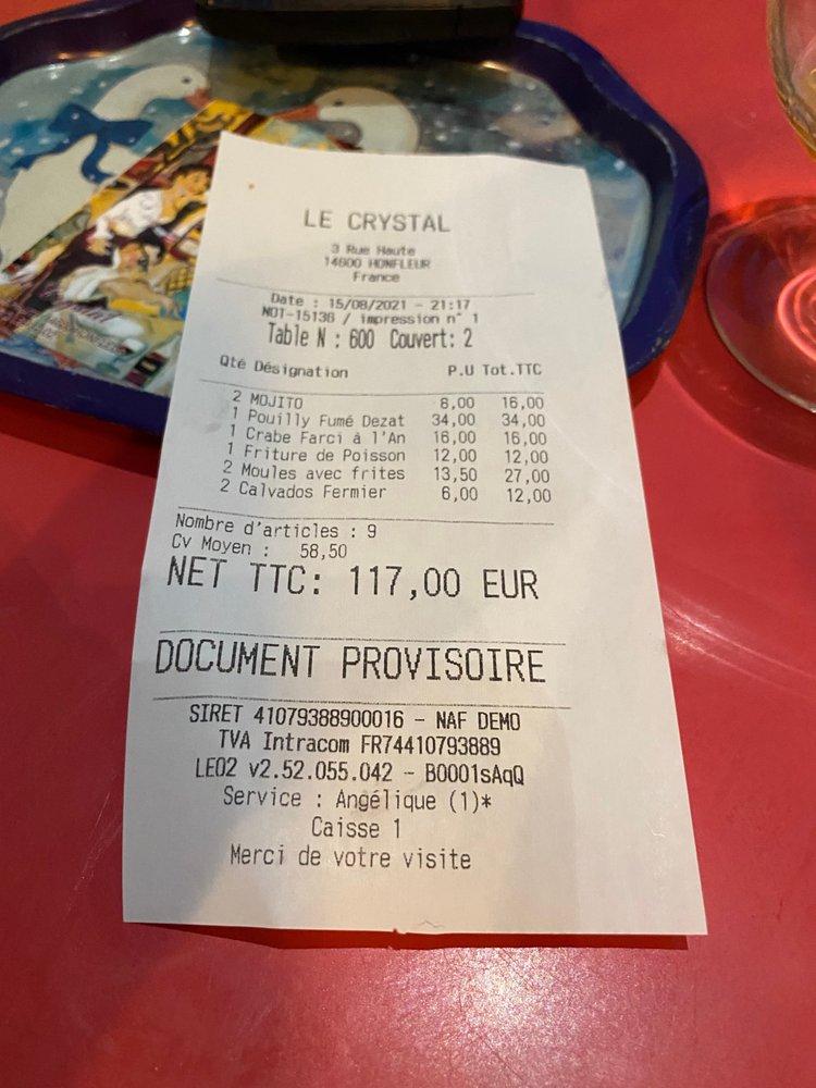 Menu at Le Crystal restaurant, Honfleur