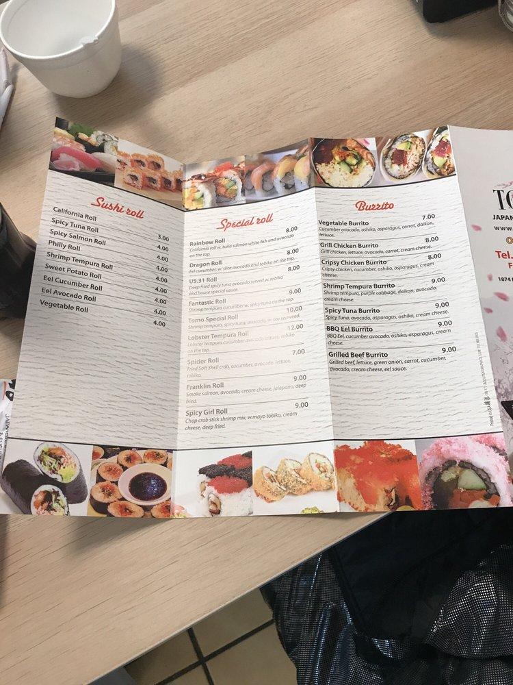 Menu at TOMO JAPANESE RESTAURANT, Franklin