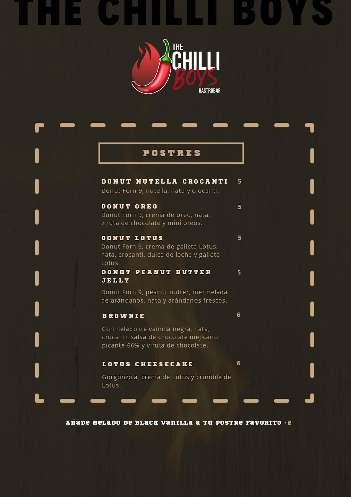 Carta del pub y bar The Chilli Boys, Sitges