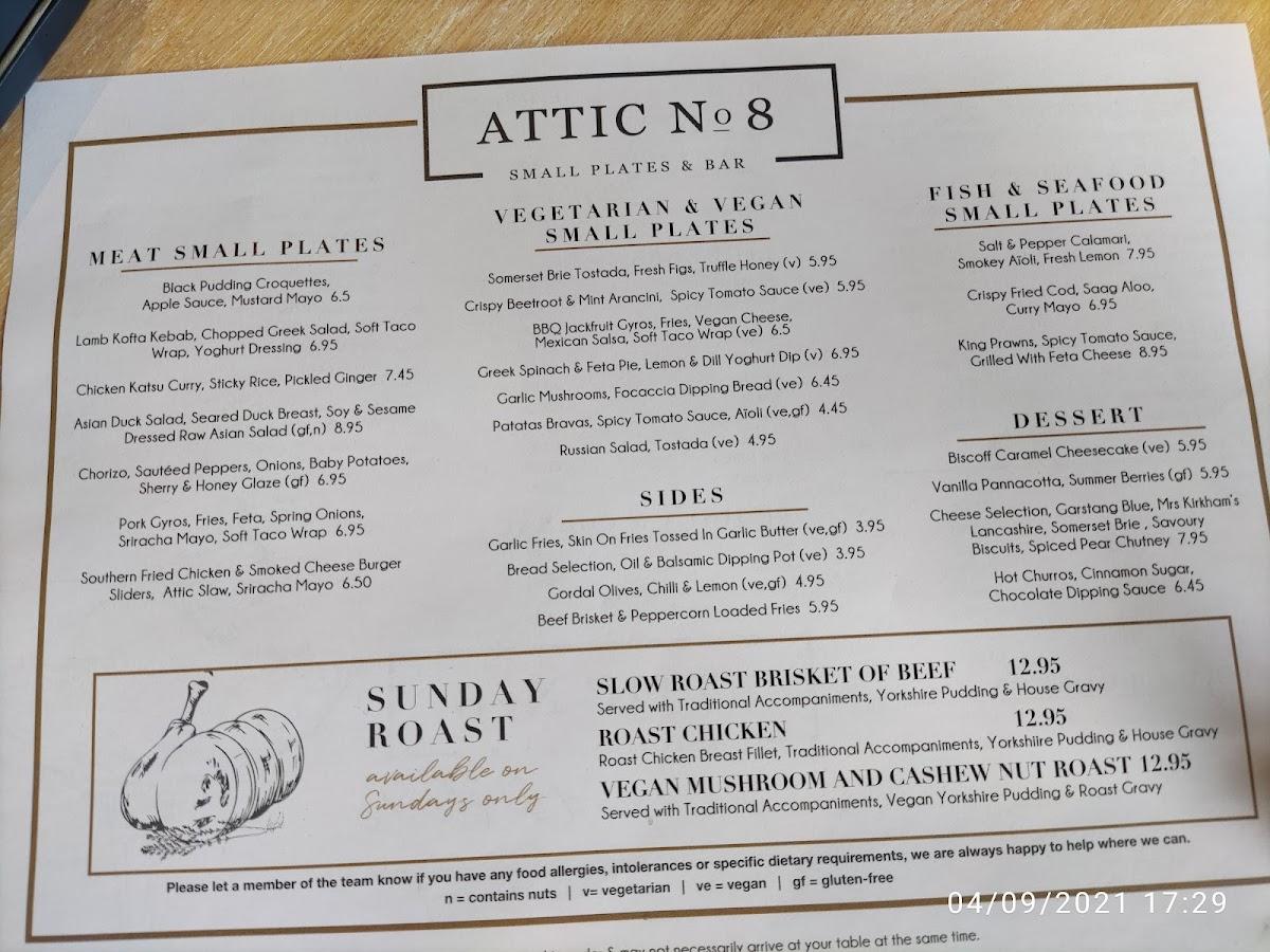 Menu at Attic N° 8 restaurant, Warrington
