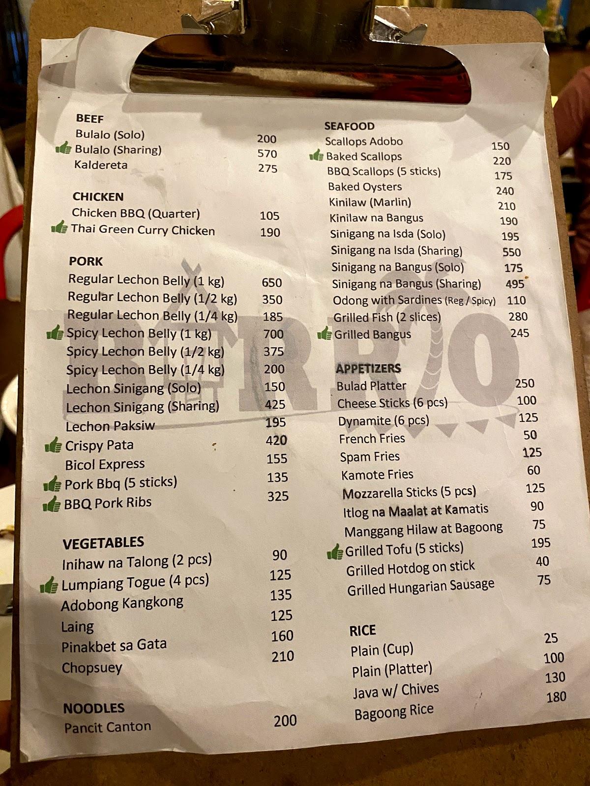 Menu at Barrio Restaurant, Tacloban City
