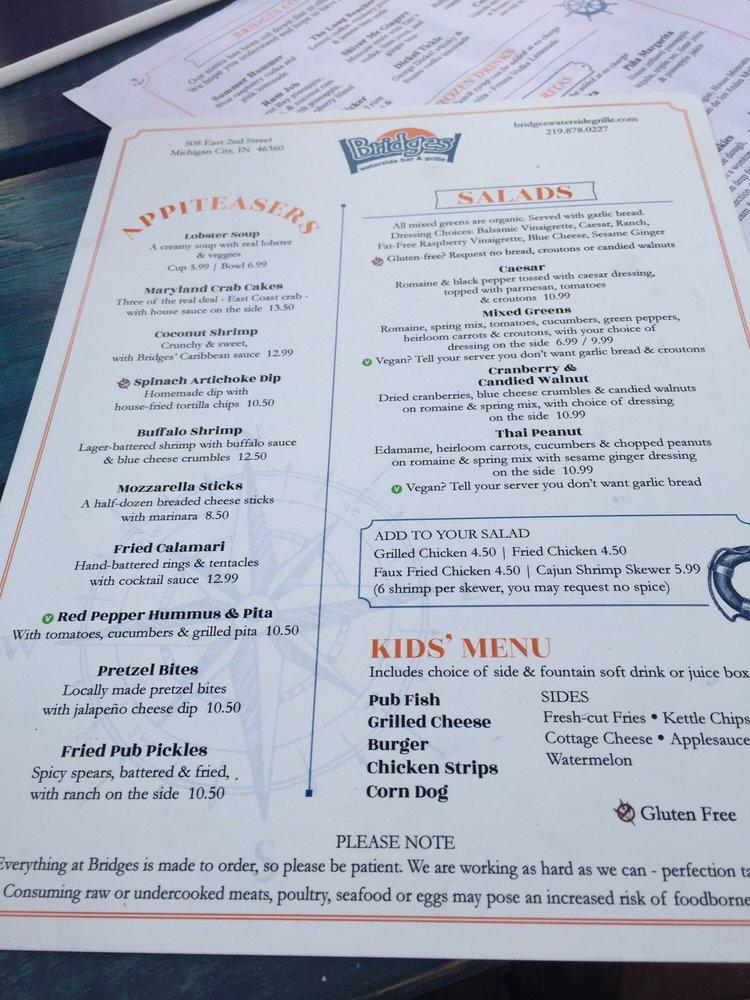 Menu at Bridges Waterside Grille restaurant, Michigan City