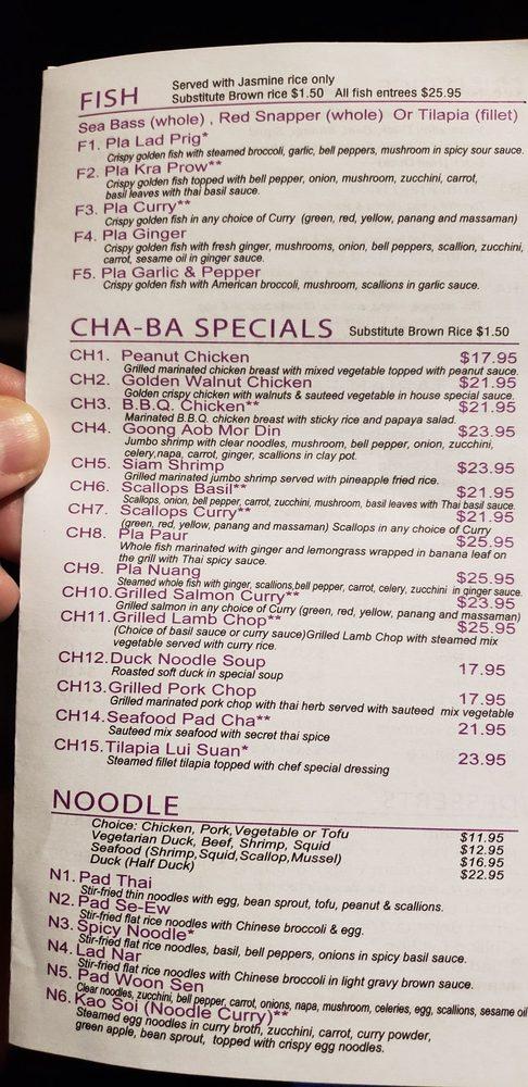 Menu at Chaba Thai restaurant, Long Beach