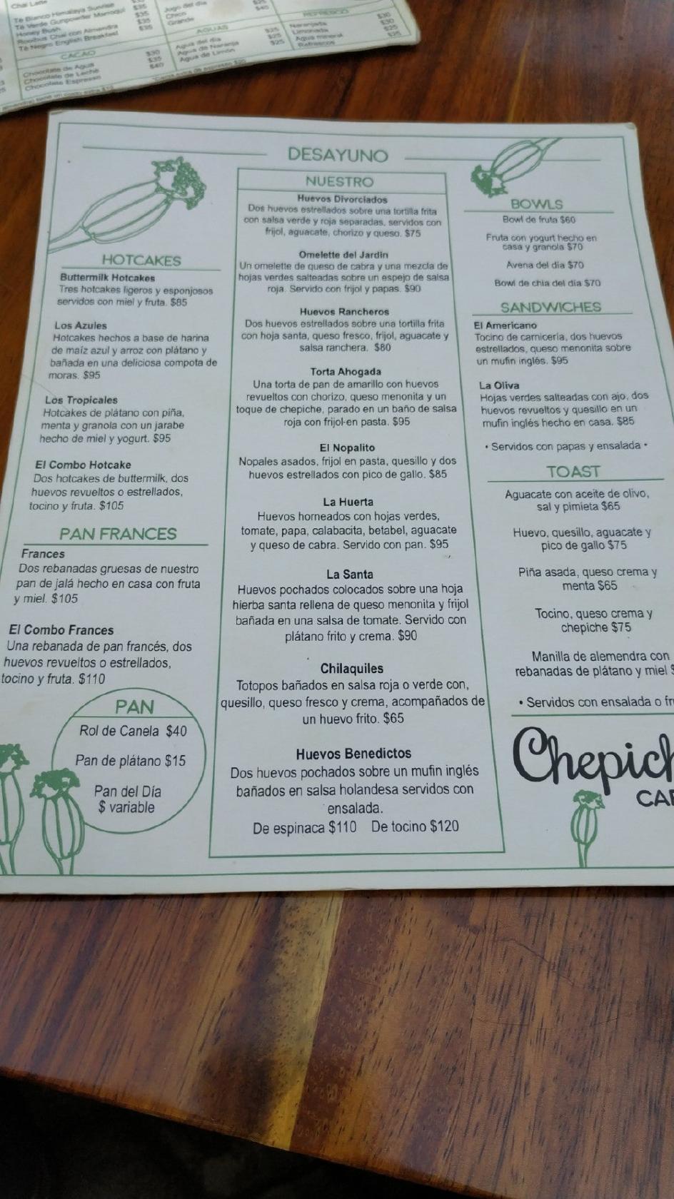 Menu at Chepiche Cafe, Oaxaca