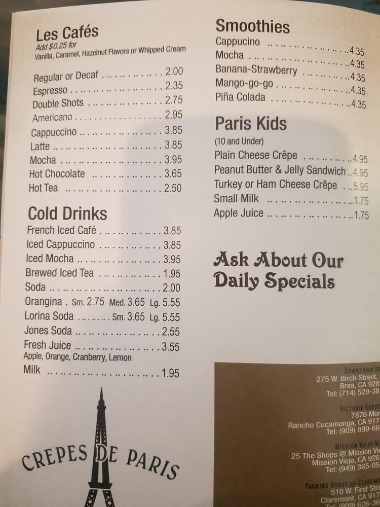 Menu at Crepes De Paris restaurant, Brea