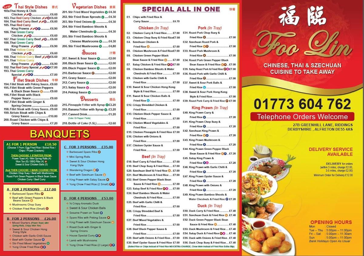 Menu at Foo Lin restaurant, Alfreton