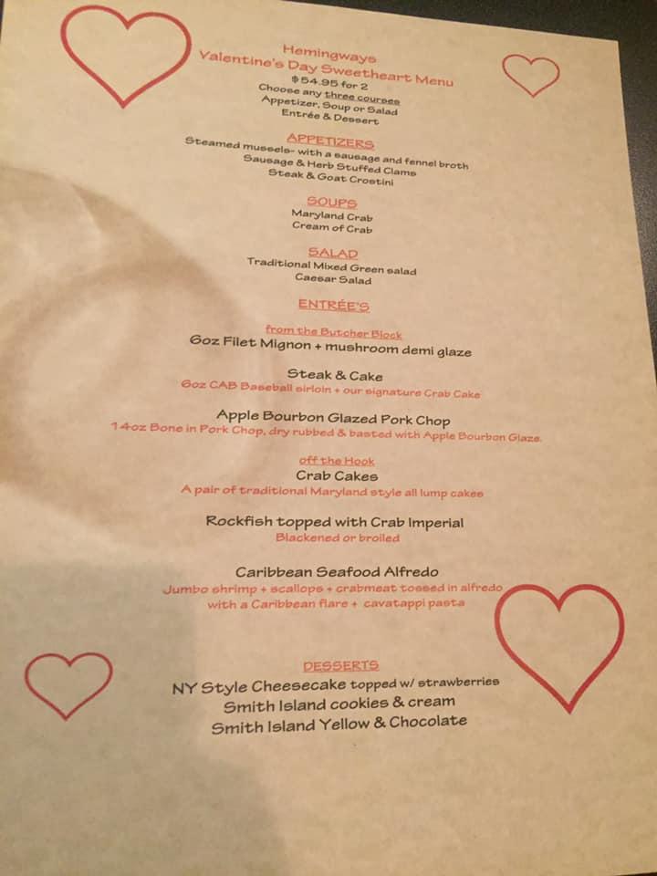 Menu at Hemingway's at the Coral Reef restaurant, Ocean City