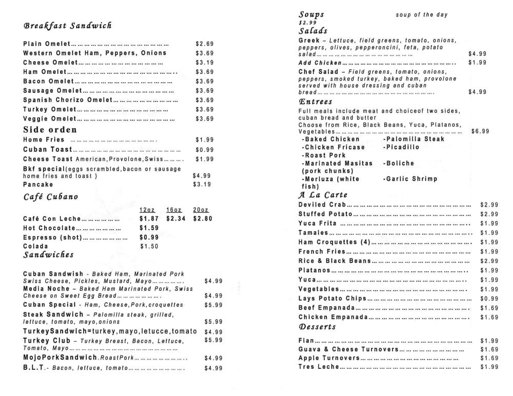 Menu at La Cubanita Cafe, Brandon