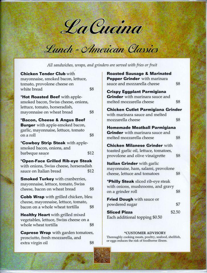 Menu at La Cucina pizzeria, Torrington