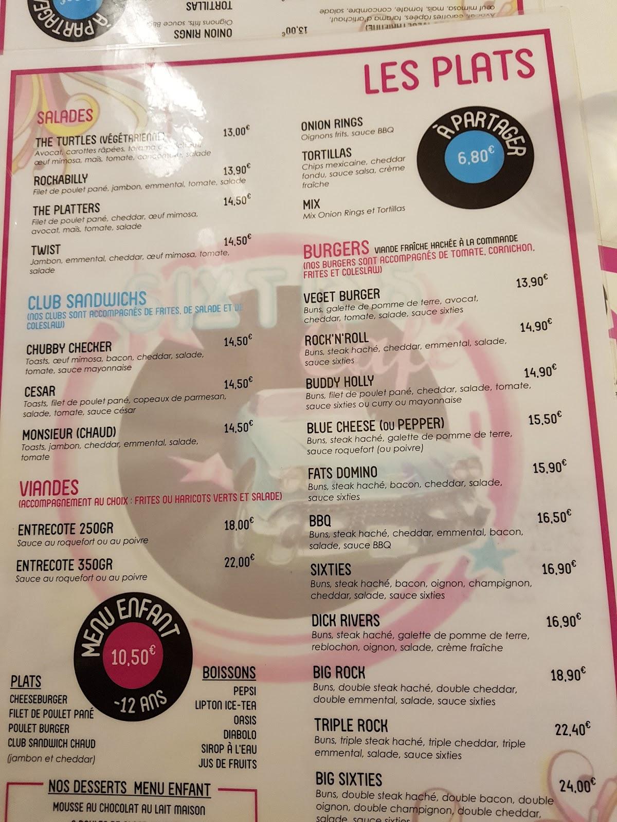 Menu au Le Sixties Café, Marcoussis