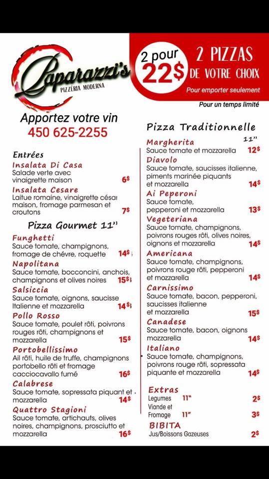 Menu at Paparazzi's Pizzeria Moderna, Laval