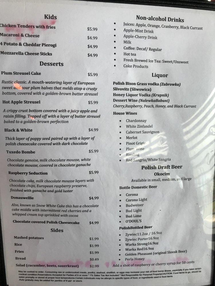 Menu at Pierogi Grill restaurant, Clearwater
