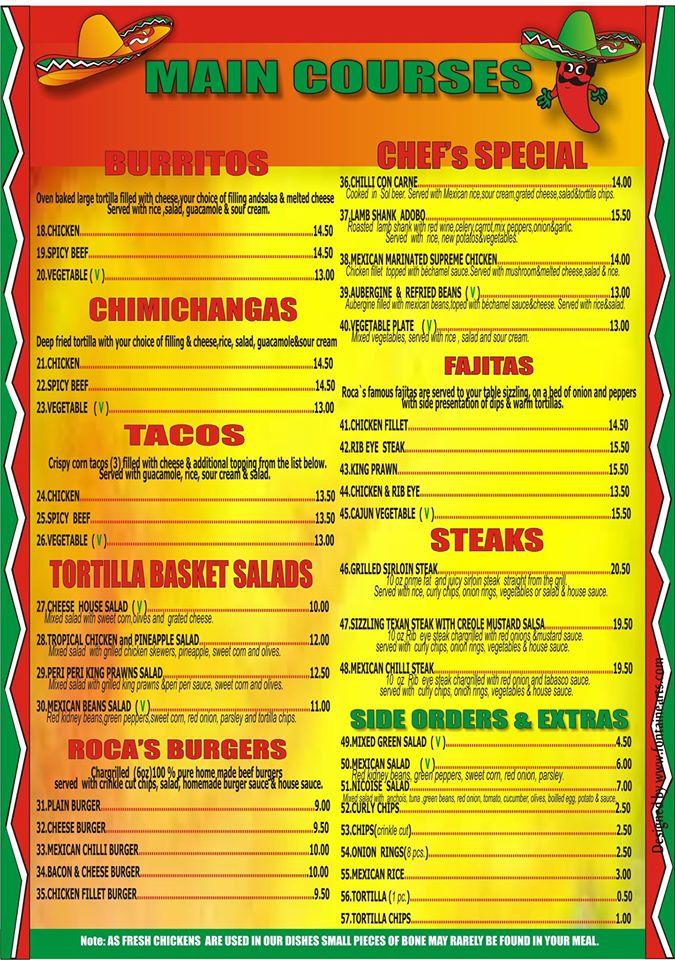 Menu at Roca's Burritos restaurant, Louth