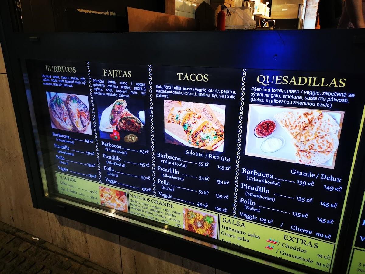 Menu at Taco Bonito restaurant, Brno