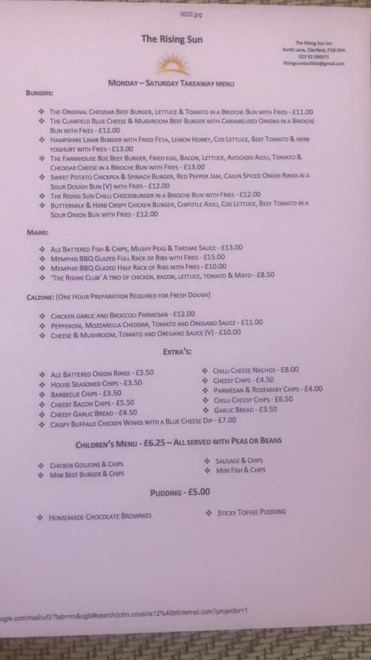 Menu at The Rising Sun Inn pub & bar, Clanfield