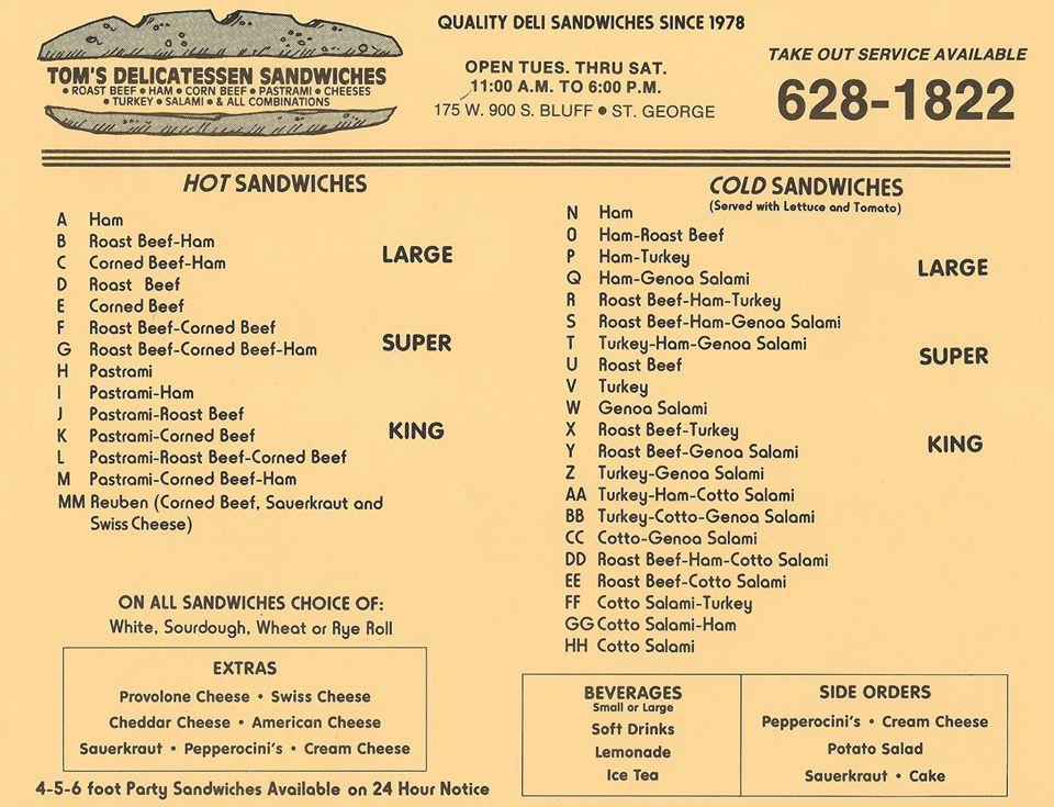 Menu at Tom's Deli Sandwiches, St. George