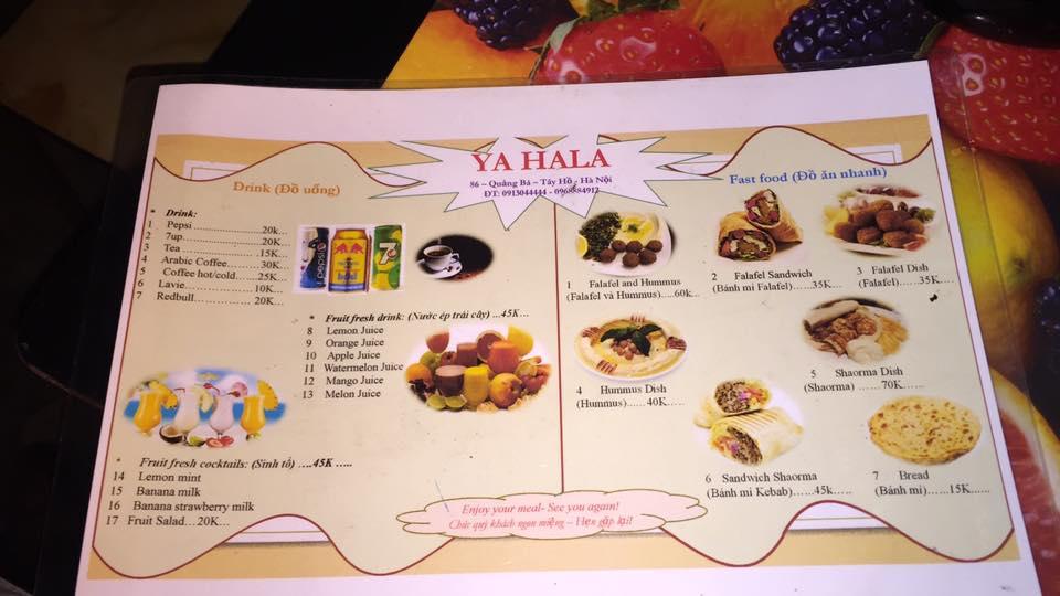 Menu at Ya Hala restaurant, Hanoi