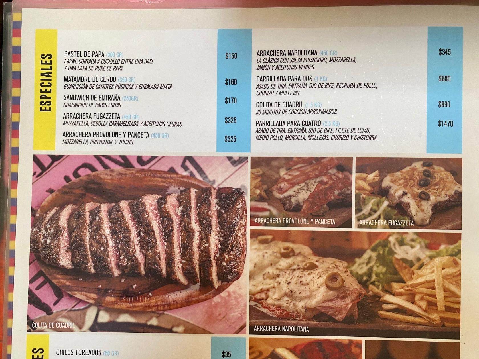 Menu at Comedor de los Milagros restaurant, Mexico City