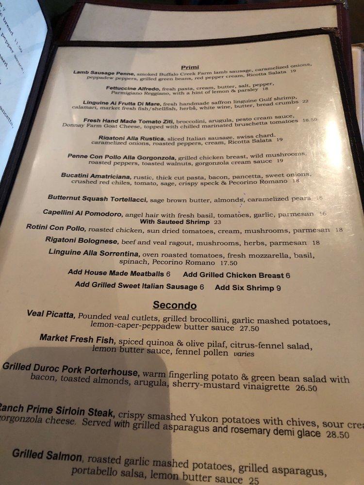Menu at Prima restaurant, Minneapolis