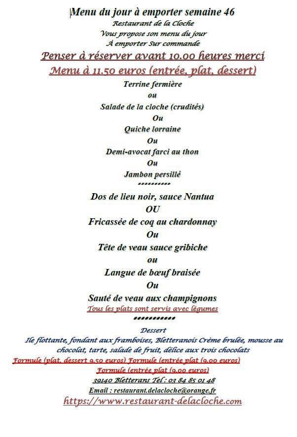 Menu au restaurant de la cloche, Bletterans