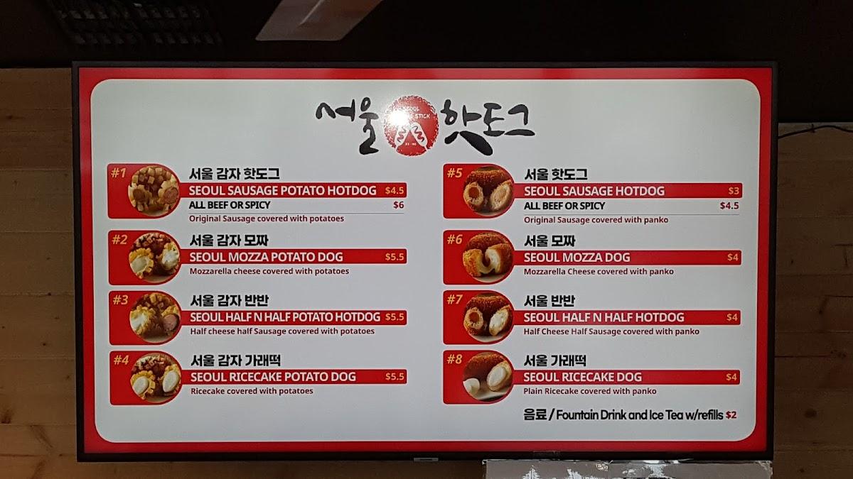 Menu at Seoul Hotdog fast food, Lynnwood