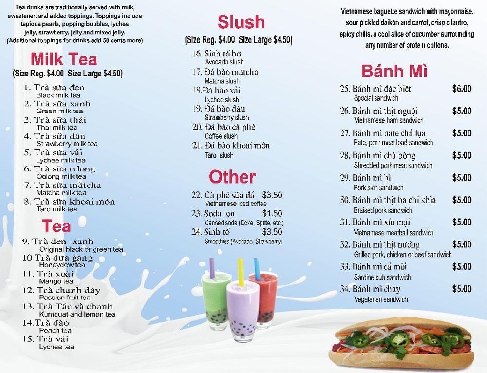 Menu at Banh mi & bubble tea restaurant, Cranston