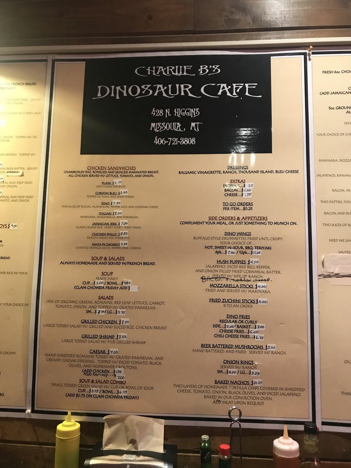 Menu at Dinosaur Cafe, Missoula