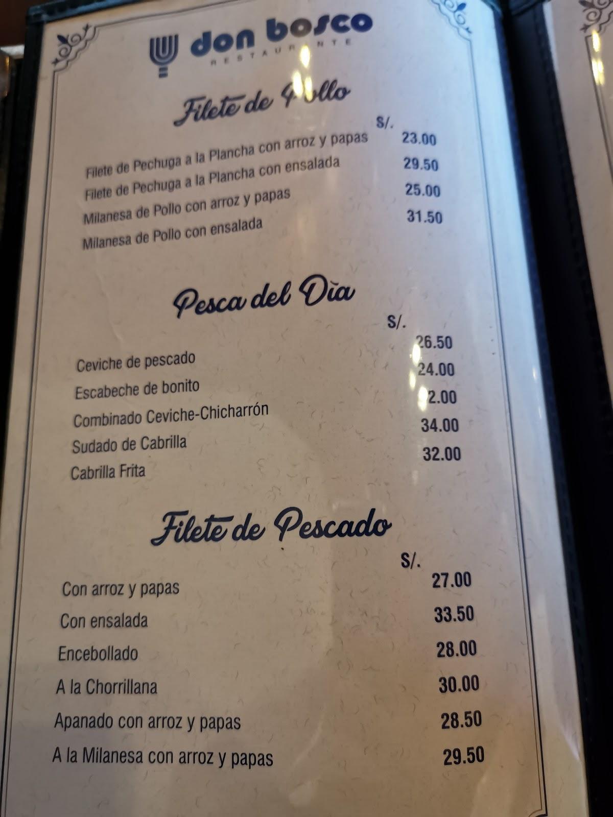 Carta de Don Bosco Restaurante, Lima