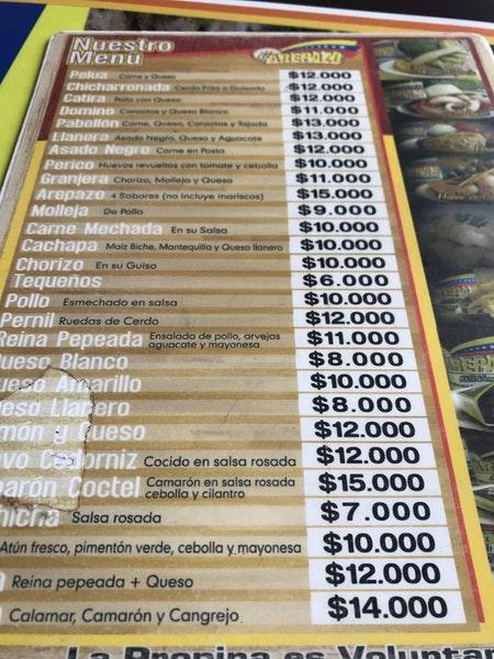 Menu at El Arepazo 100% Venezolano restaurant, Cartagena