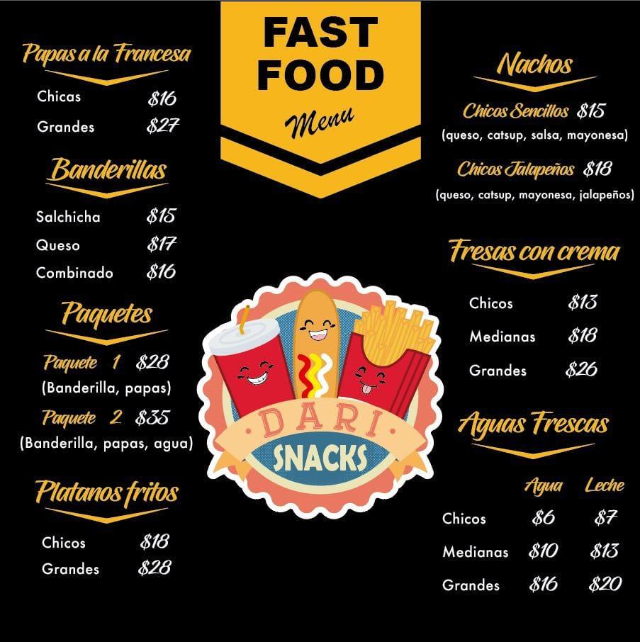 Menu at Dari snacks restaurant, Mexico City