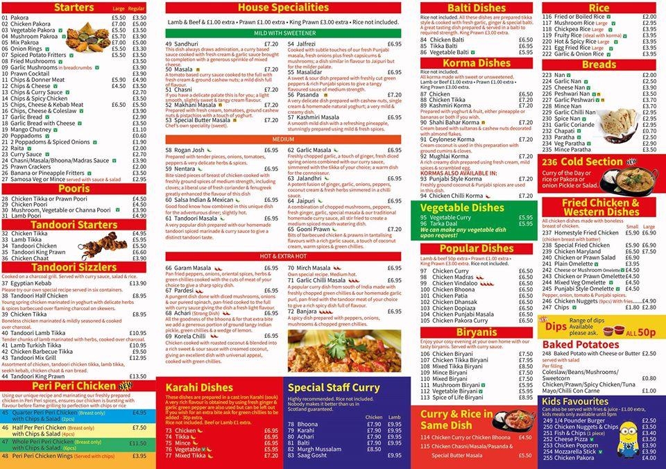 Menu at Spice of Life fast food, Stirling, 11 Bannockburn Rd